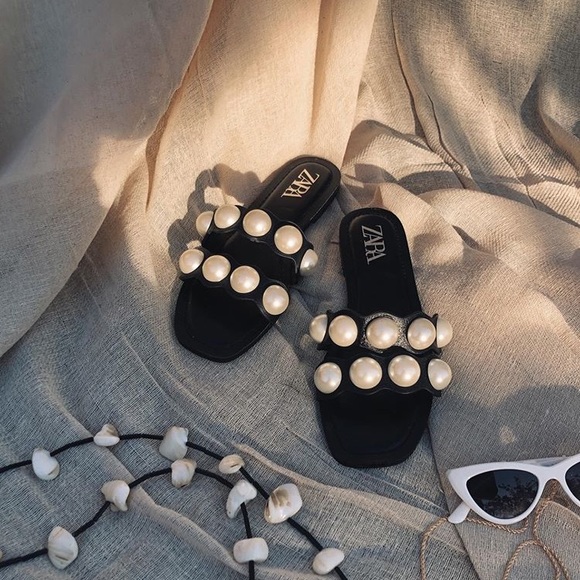 Zara | Shoes | Zara Leather Slide Sandals With Pearls | Poshmark
